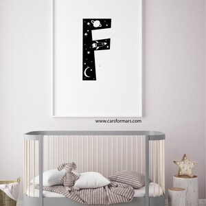 Space Themed Letter F Print Featuring Rocket in Black and White for ...