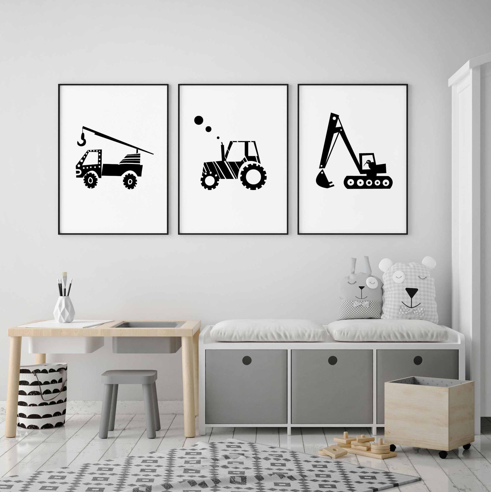 Tractor Print Digger Print and Tow Truck Print Set in Black | Etsy