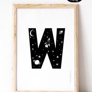 Space Themed Letter W Print for Toddler Room Decor Featuring Rocket in ...