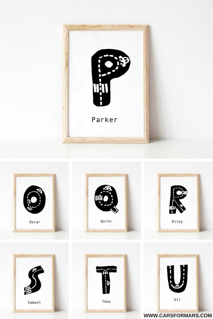 Car Themed Baby Name Printable Black and White Nursery Prints - Etsy