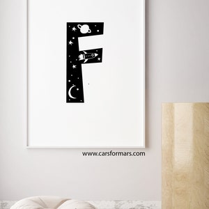 Space Themed Letter F Print Featuring Rocket in Black and White for ...