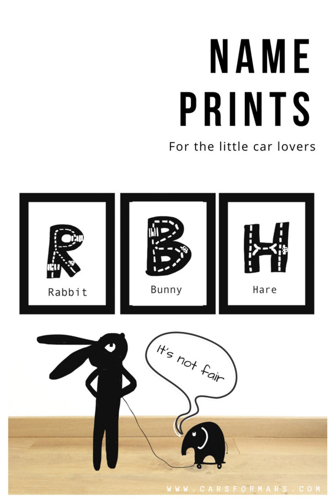 Car Themed Baby Name Printable Black and White Nursery Prints - Etsy