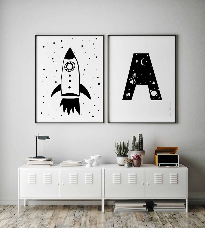 Space Themed Letter A Print for Toddler Room Decor Featuring Rocket in ...