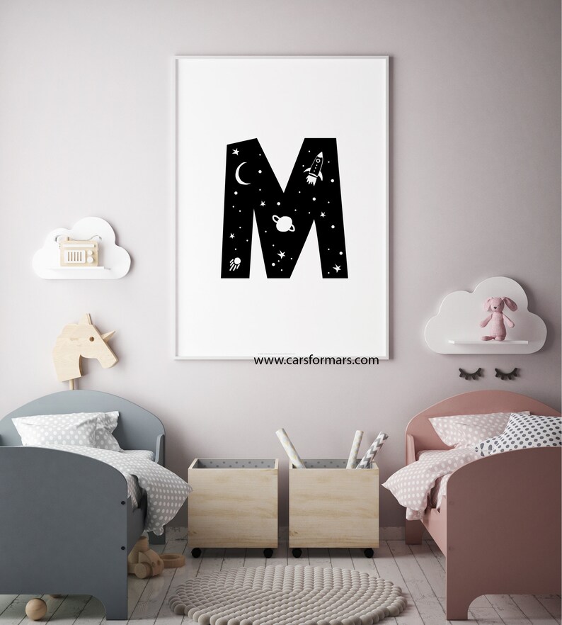 Alphabet Print Letter M for Toddler Room Decor Featuring Rocket in ...