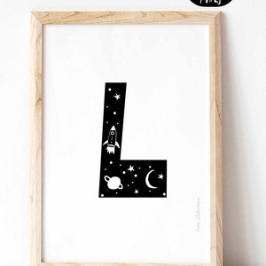 Space Themed Letter L Print for Toddler Room Decor Featuring Rocket in ...