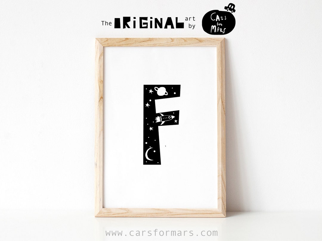 Space Themed Letter F Print Featuring Rocket in Black and White for ...