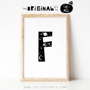 Space Themed Letter F Print Featuring Rocket in Black and White for ...