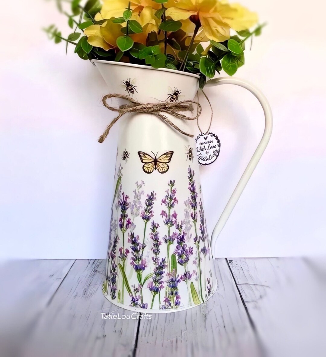 Rustic Lavender, Bees & Butterfly Pitcher Vase, Decoupage Pitcher ...