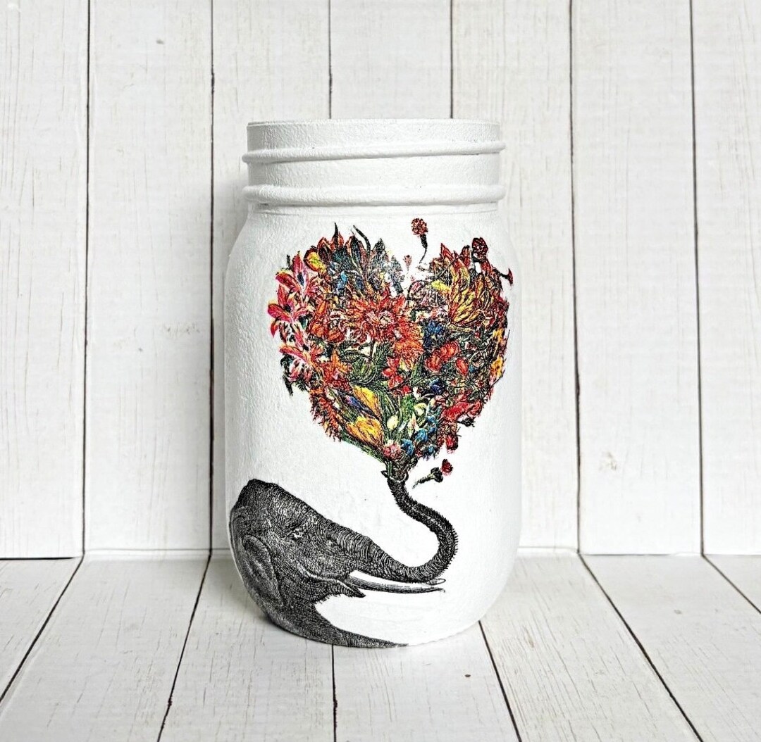 Elephant Jar, Cottage Decor, Decoupage Elephant, Shabby Chic ...