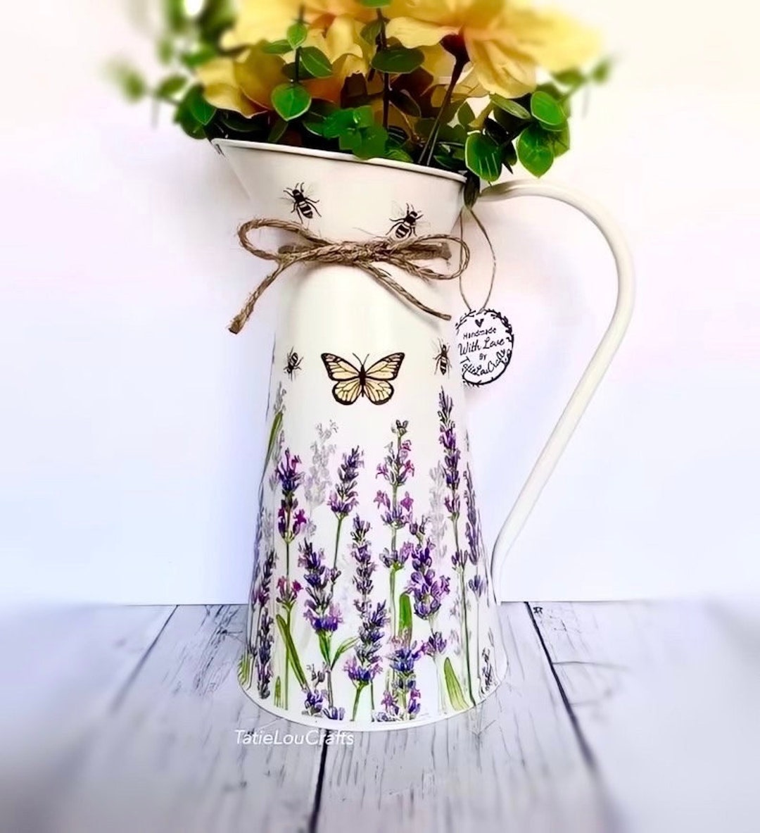 Rustic Lavender, Bees & Butterfly Pitcher Vase, Decoupage Pitcher ...