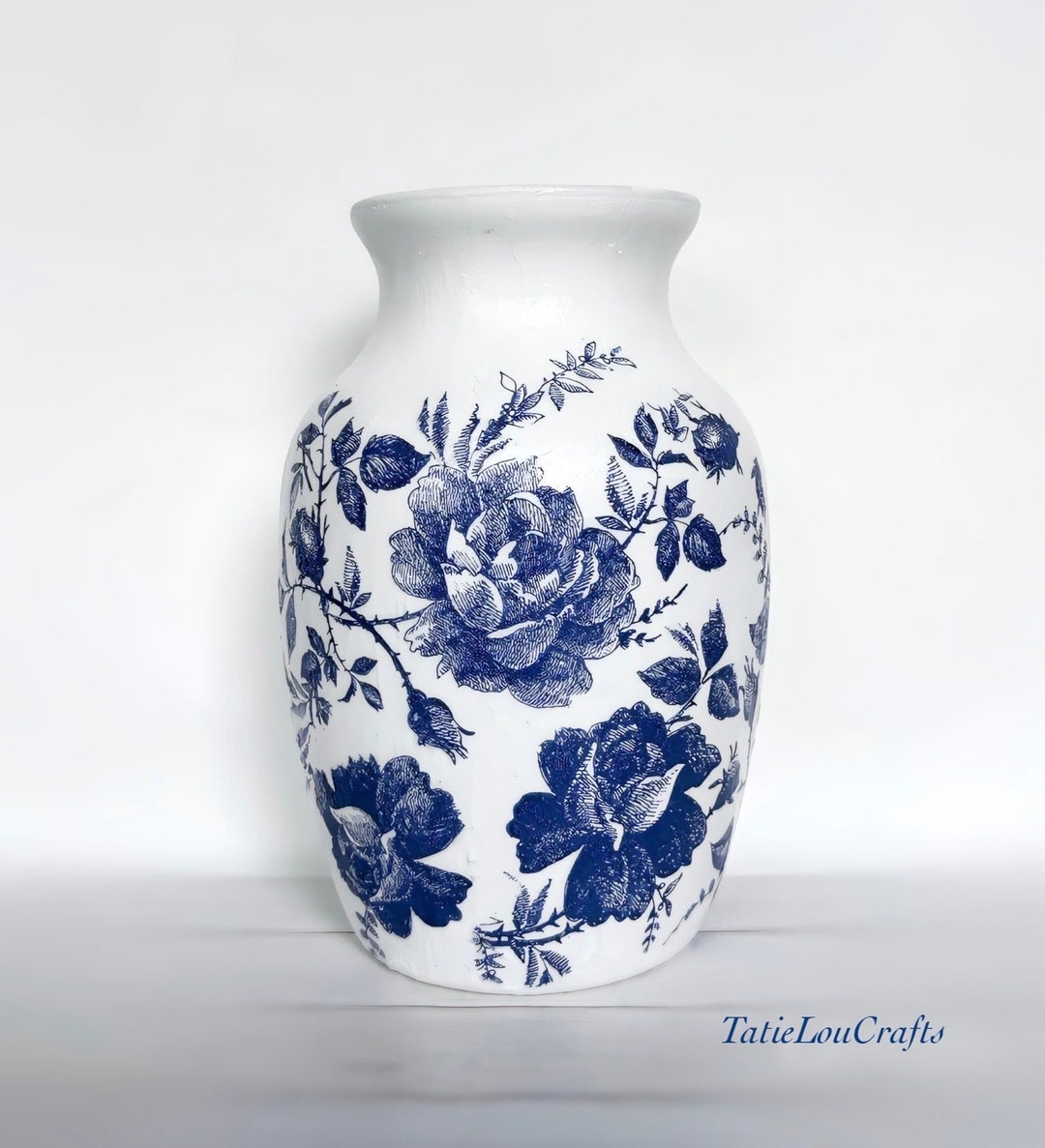 Blue Rose Glass Vase, Decoupage, Flower Vase, Shabby Chic Vase, Rustic ...