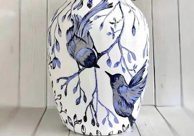 Blue Bird Decoupage Glass Vase: Shabby Chic Farmhouse Decor, Bird Vase ...