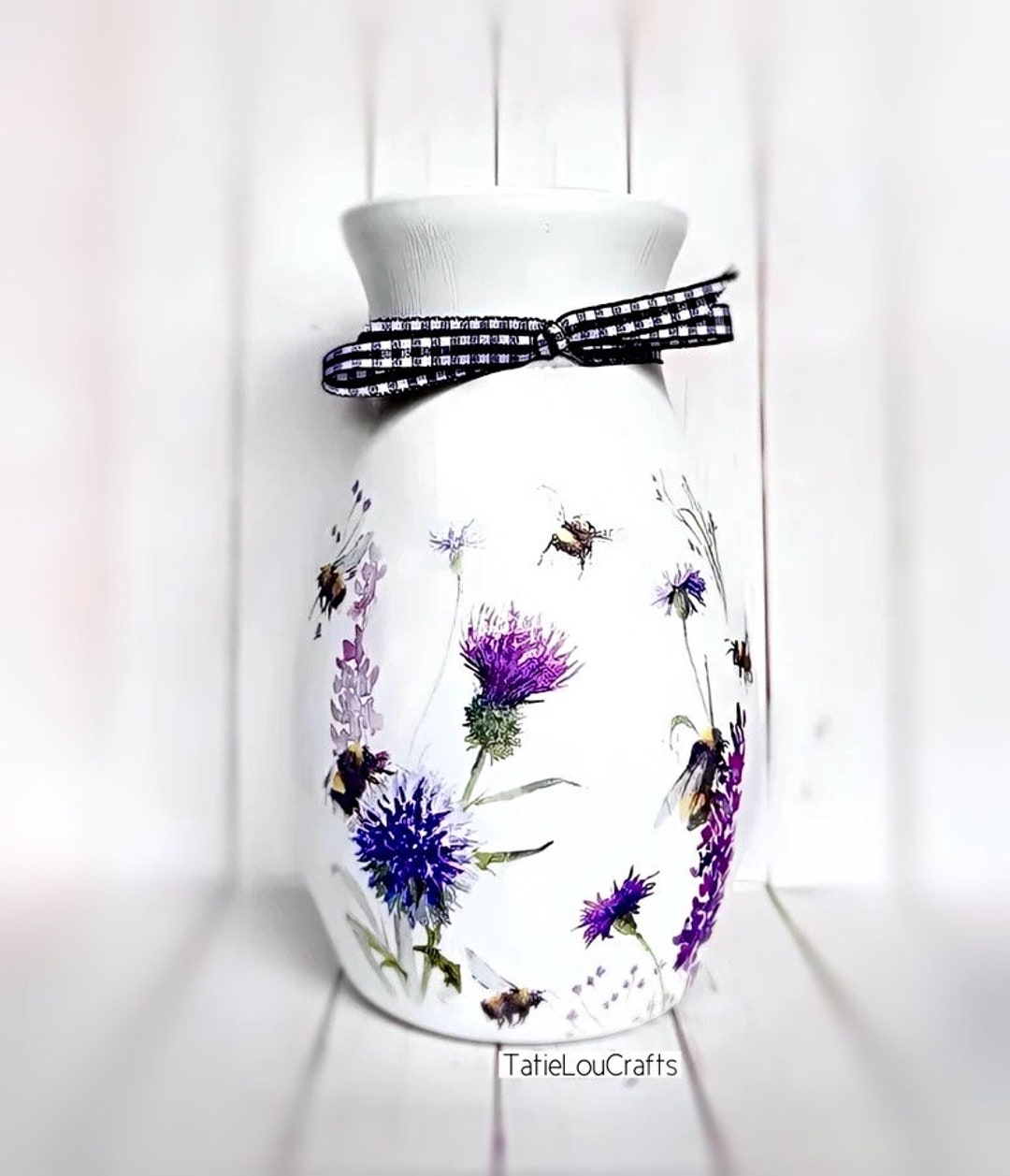 Bumblebee Glass Vase, Honey Bee Decor, Farmhouse Vase, Vase Decor, Bee Flower Vase, Decoupaged ...