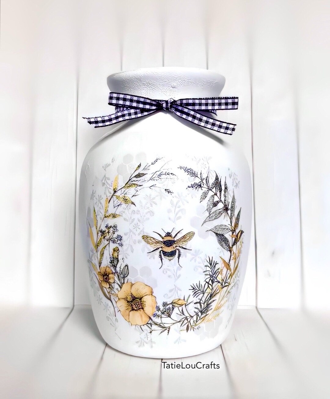 Rustic Farmhouse Vase, Cottage Decor, Decoupage Bee Wildflower Wreath ...