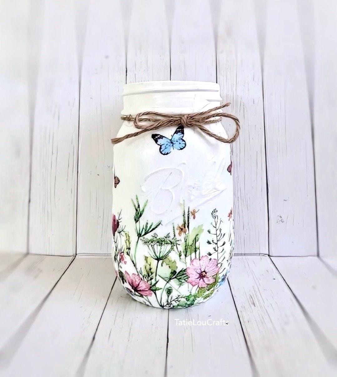 Rustic Farmhouse Jar, Cottage Decor, Decoupage Butterfly Flower Garden ...
