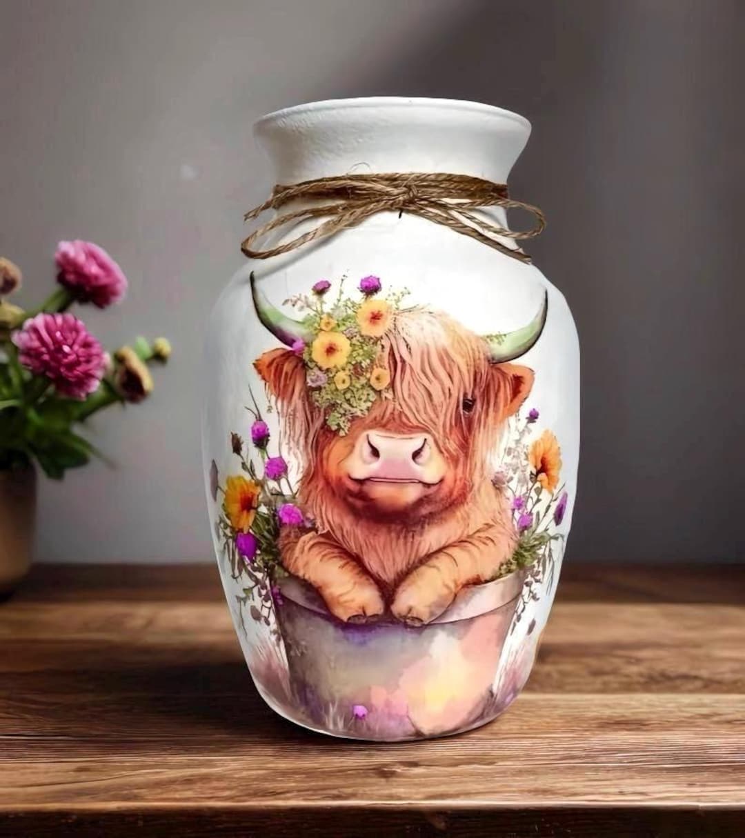 Decoupage Highland Cow Glass Vase: Farmhouse Floral Decor, Highland Cow ...