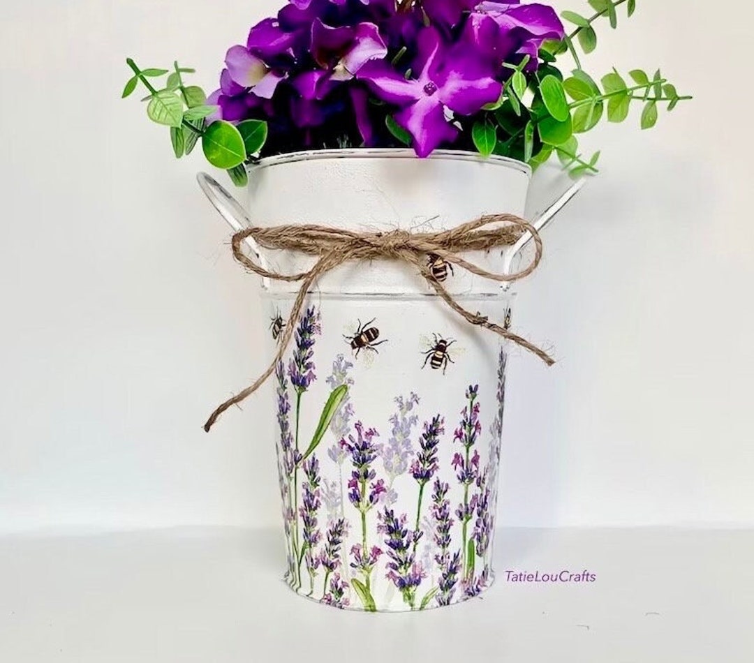 Rustic Lavender & Bees Bucket, Rustic Farmhouse Vase, Decoupaged ...