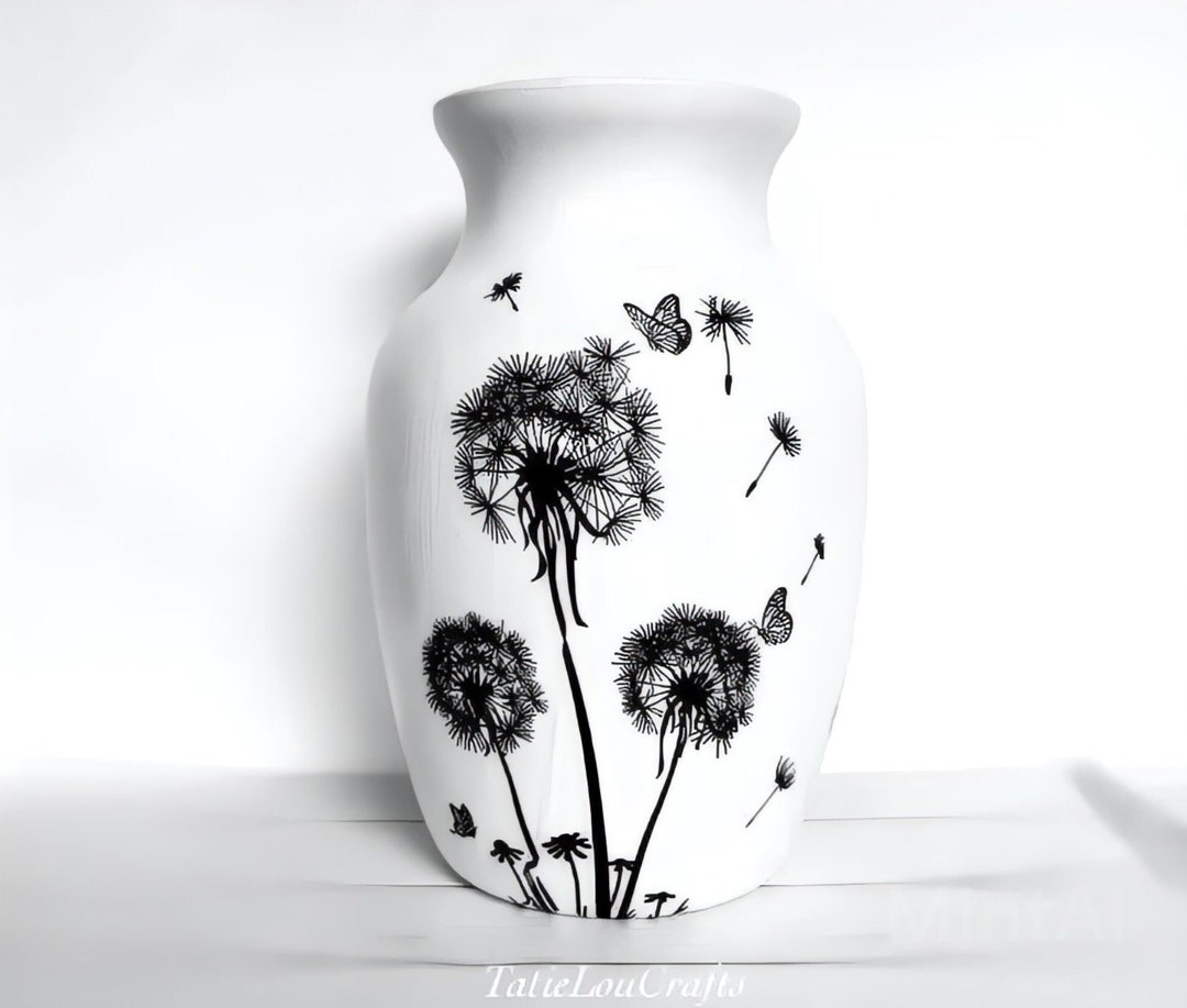Dandelion Glass Vase, Dalelions & Butterflies, Vase for Flowers, Shabby ...