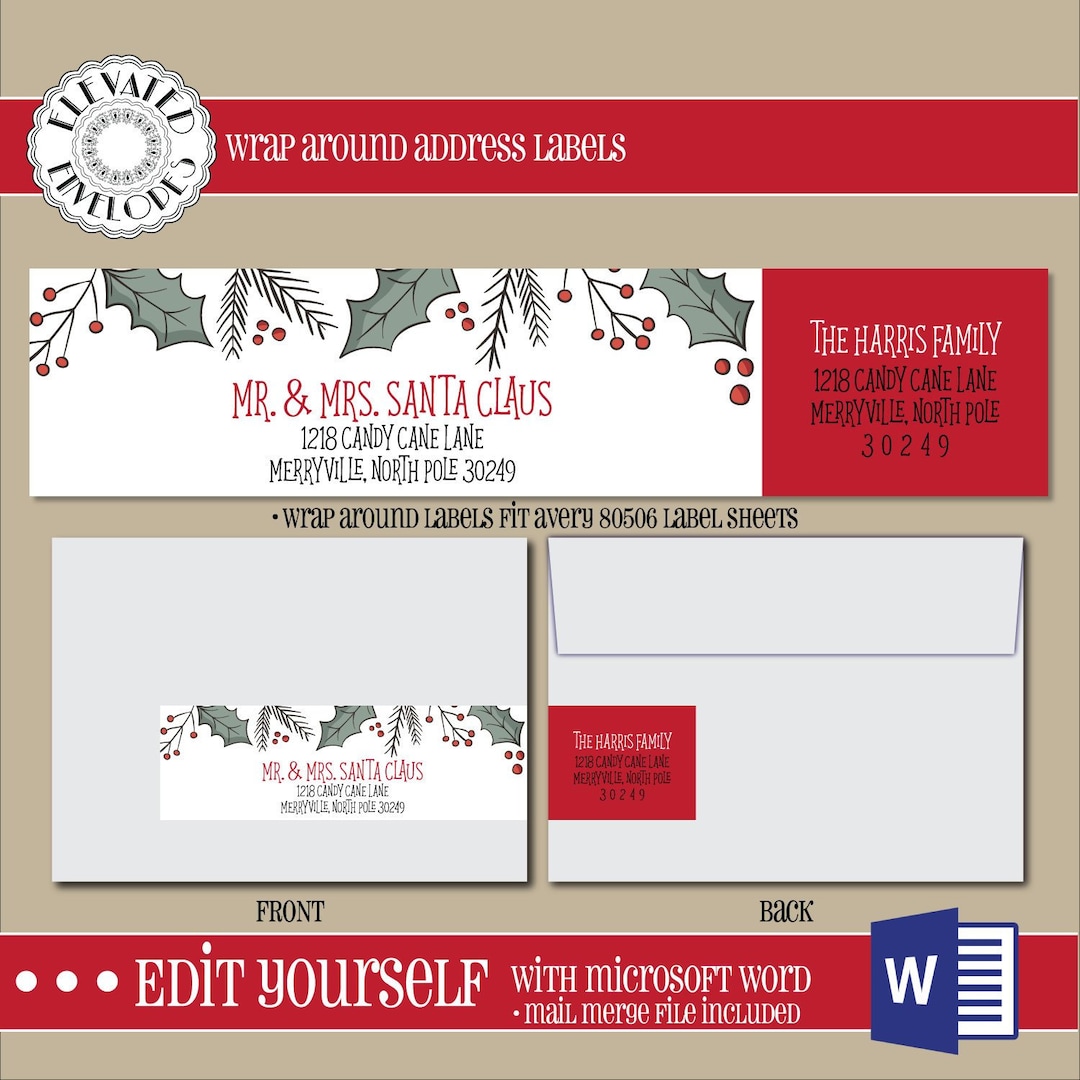 EDITABLE Christmas ADDRESS LABEL Template,wrap Around Label, Addressing ...
