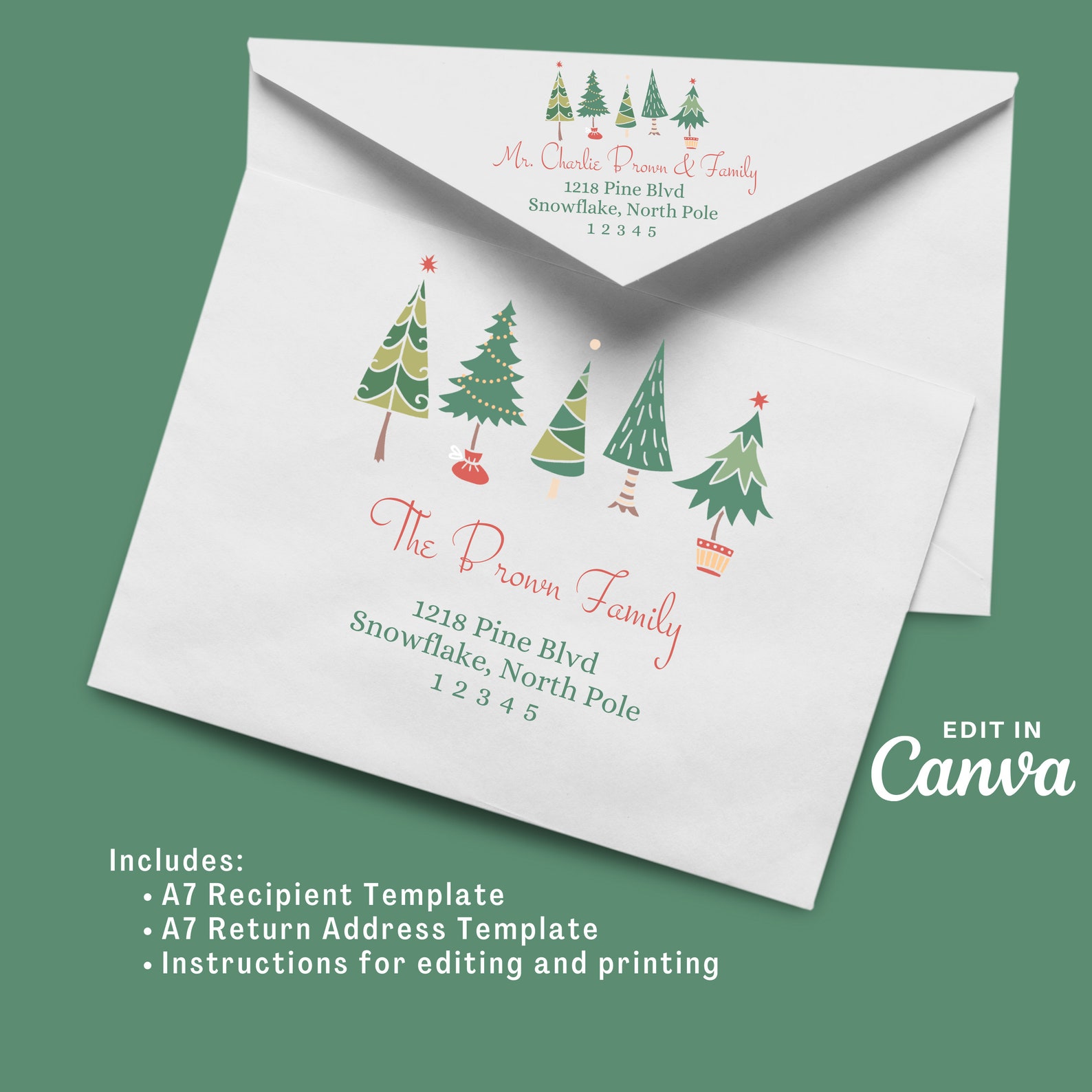 Christmas Digital Envelope Template for Canva | Modern Trees | A7 Size ...