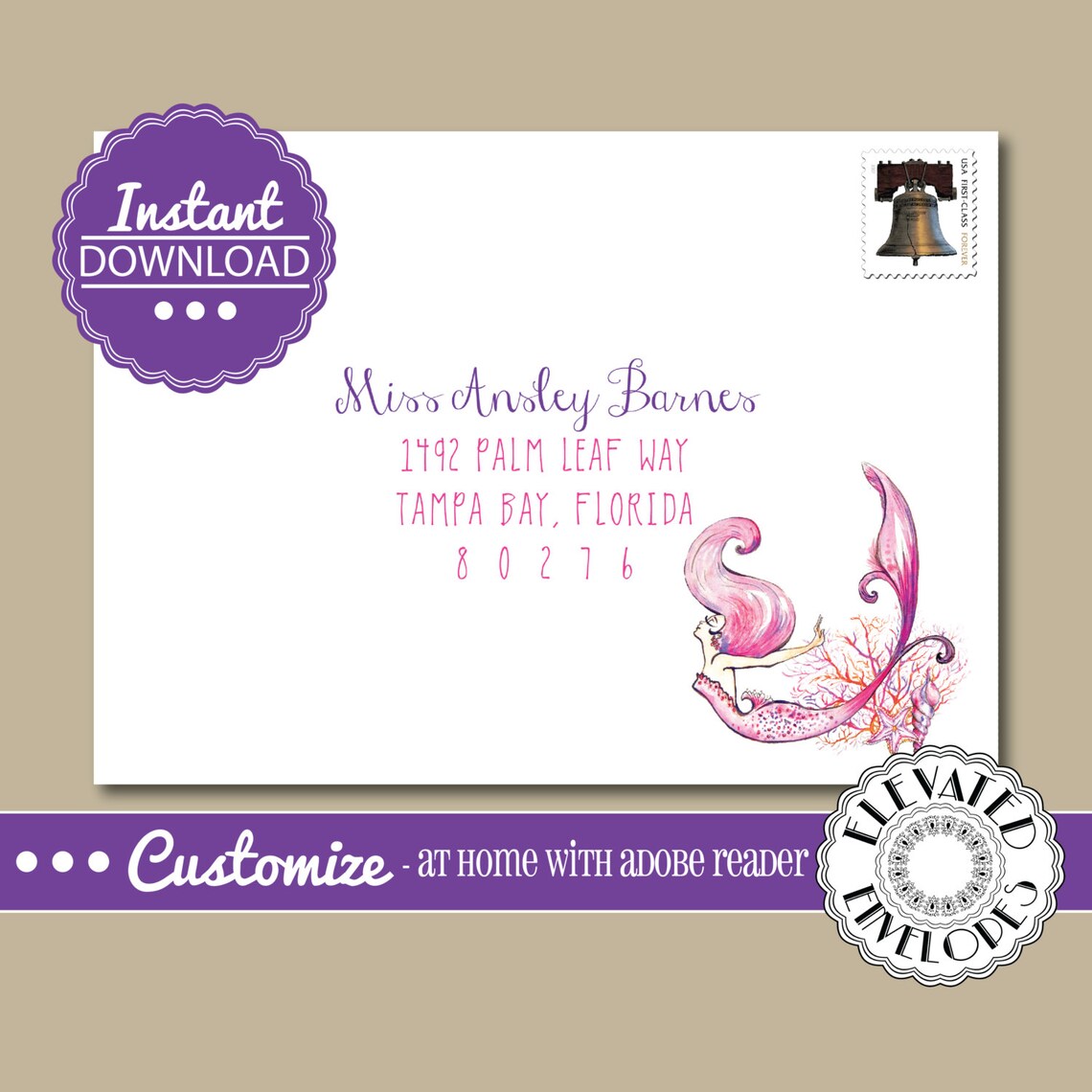 EDITABLE Mermaid ENVELOPE Template,addressing,birthday,mermaid,sea ...