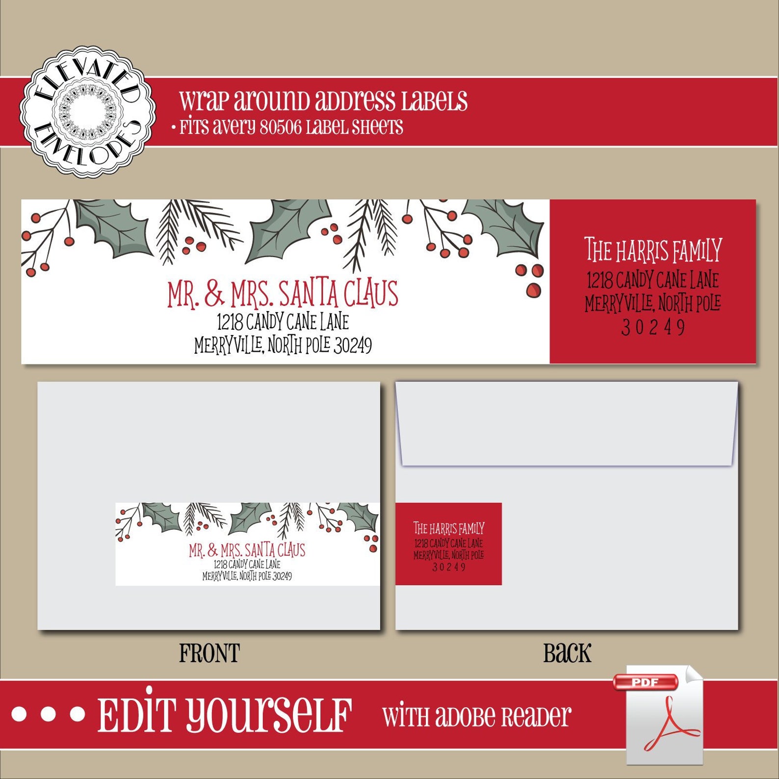 EDITABLE Christmas ADDRESS LABEL Template,wrap Around Label, Addressing ...