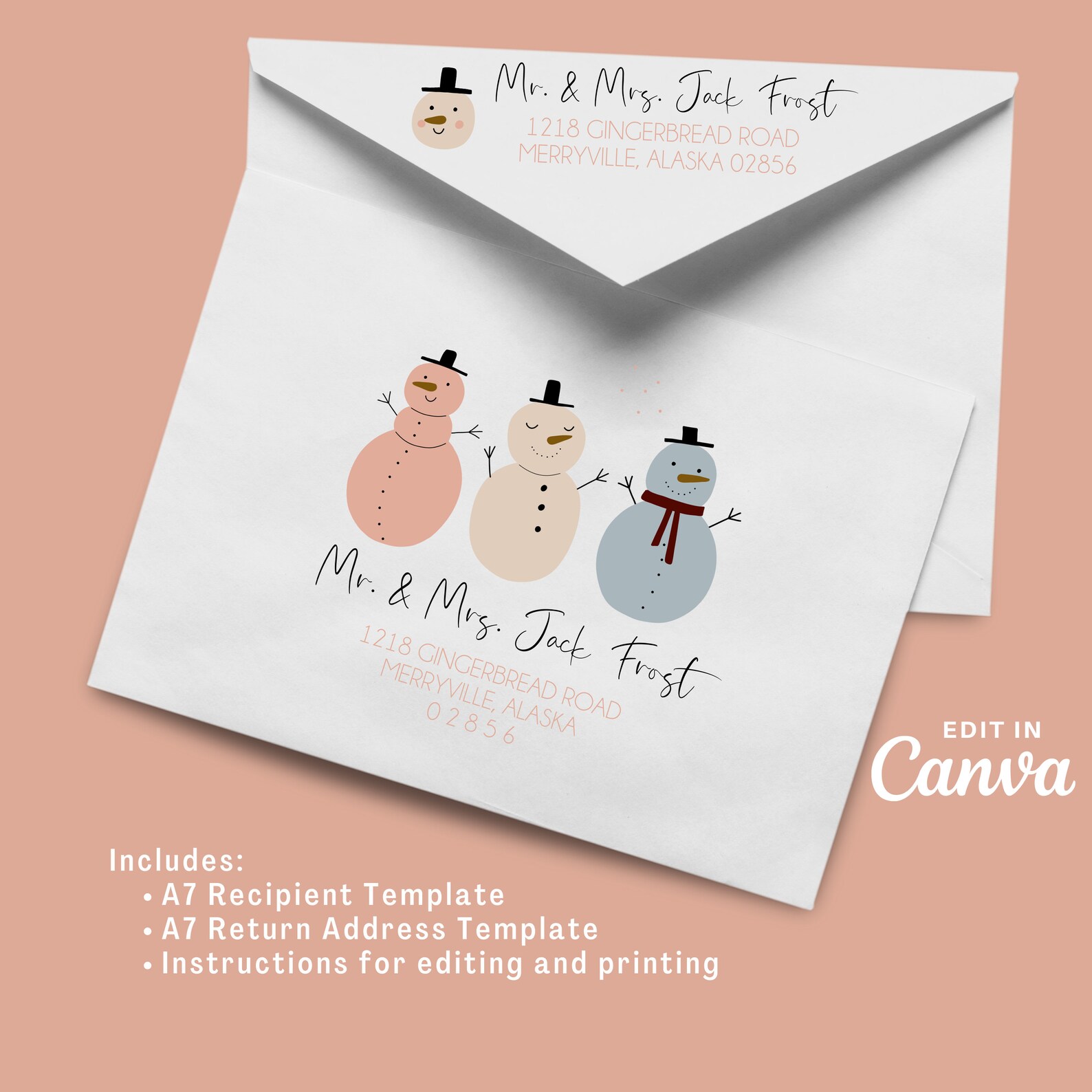 Christmas Digital Envelope Template for Canva | Happy Snowmen | A7 Size ...