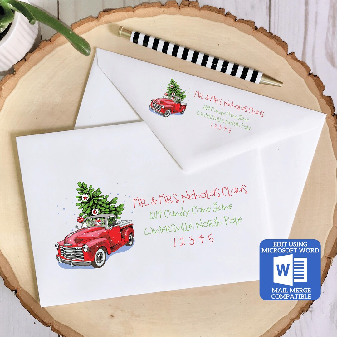 Printable Christmas Envelope Template | Red Truck Design | Word Mail ...