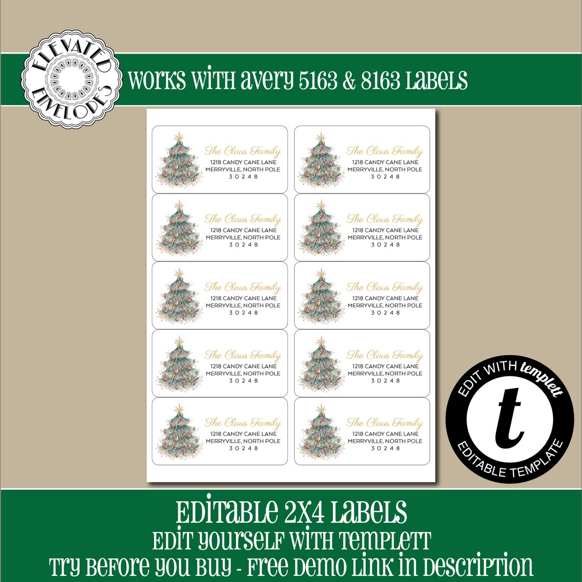 EDITABLE Christmas ADDRESS LABEL Template, Envelope Addressing ...