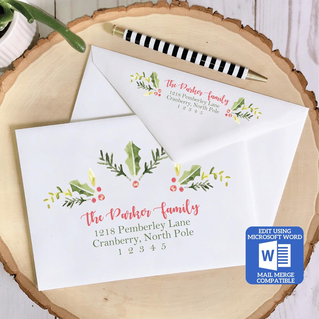 Printable Christmas Envelope Template | Watercolor Holly Design | Word ...