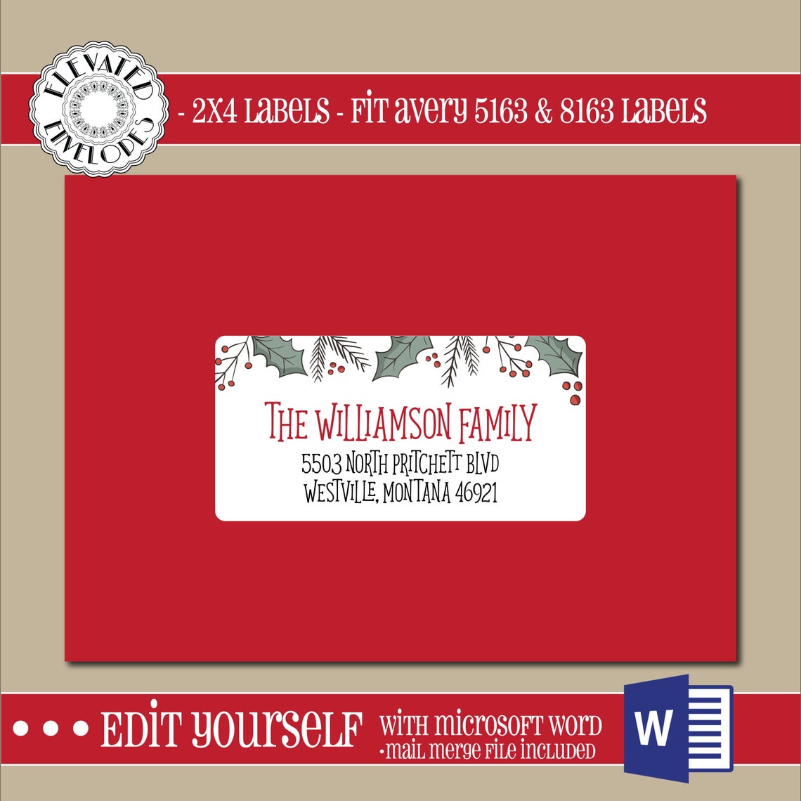 Editable Christmas Address Label Template, 2x4 Address Label ...