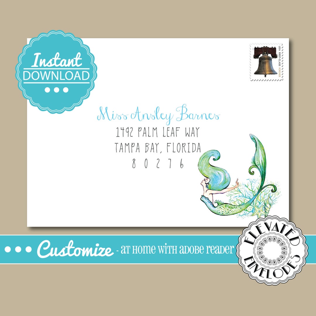EDITABLE Mermaid ENVELOPE Template,addressing,birthday,mermaid,sea ...