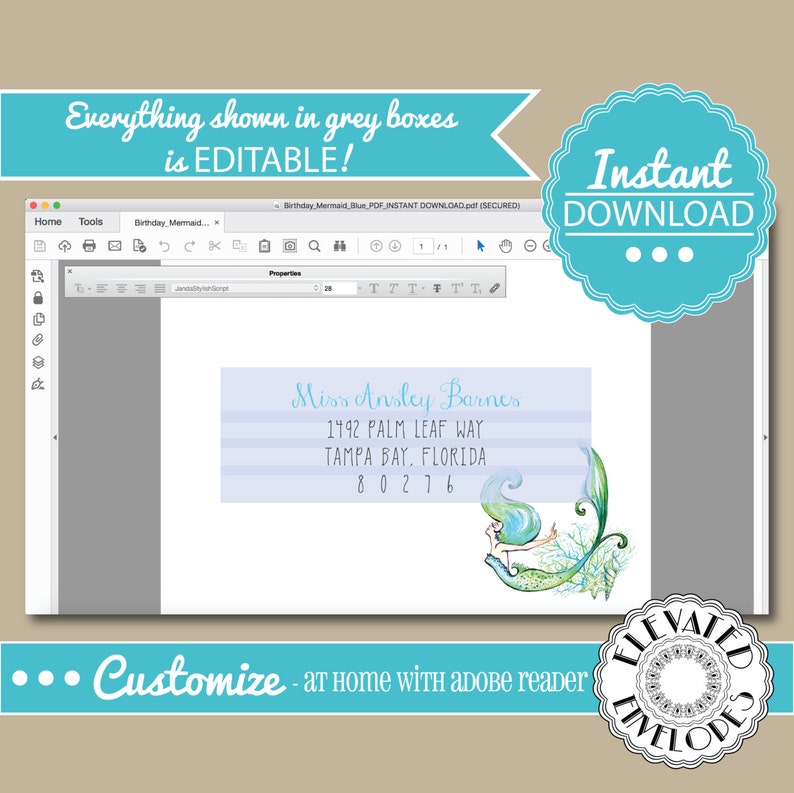 EDITABLE Mermaid ENVELOPE Template,addressing,birthday,mermaid,sea ...
