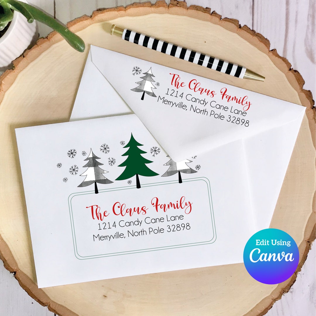 Christmas Digital Envelope Template for Canva | Buffalo Plaid Trees ...