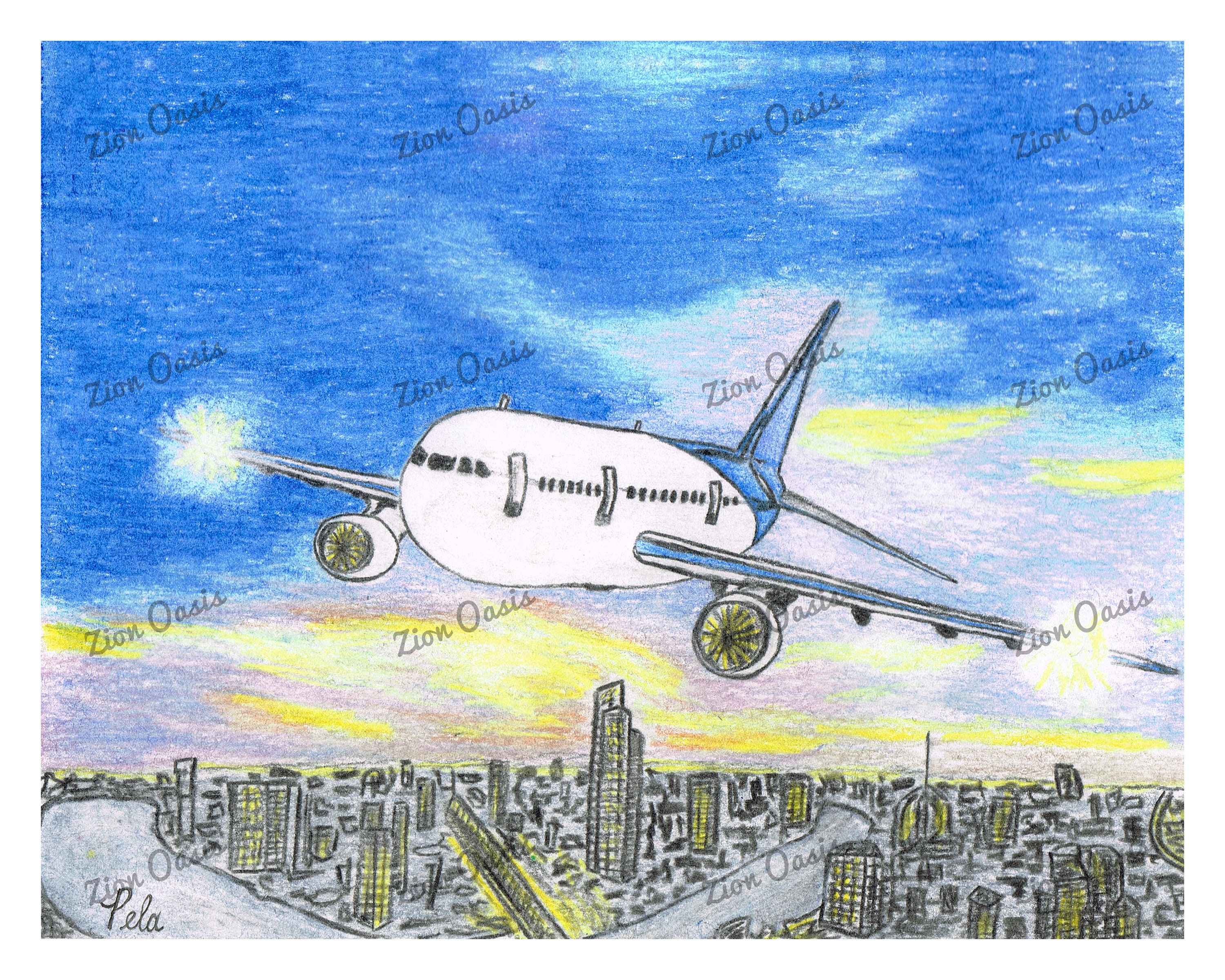 Cityscape Airplane Colored Pencil Picture Original Artwork by Pela ...