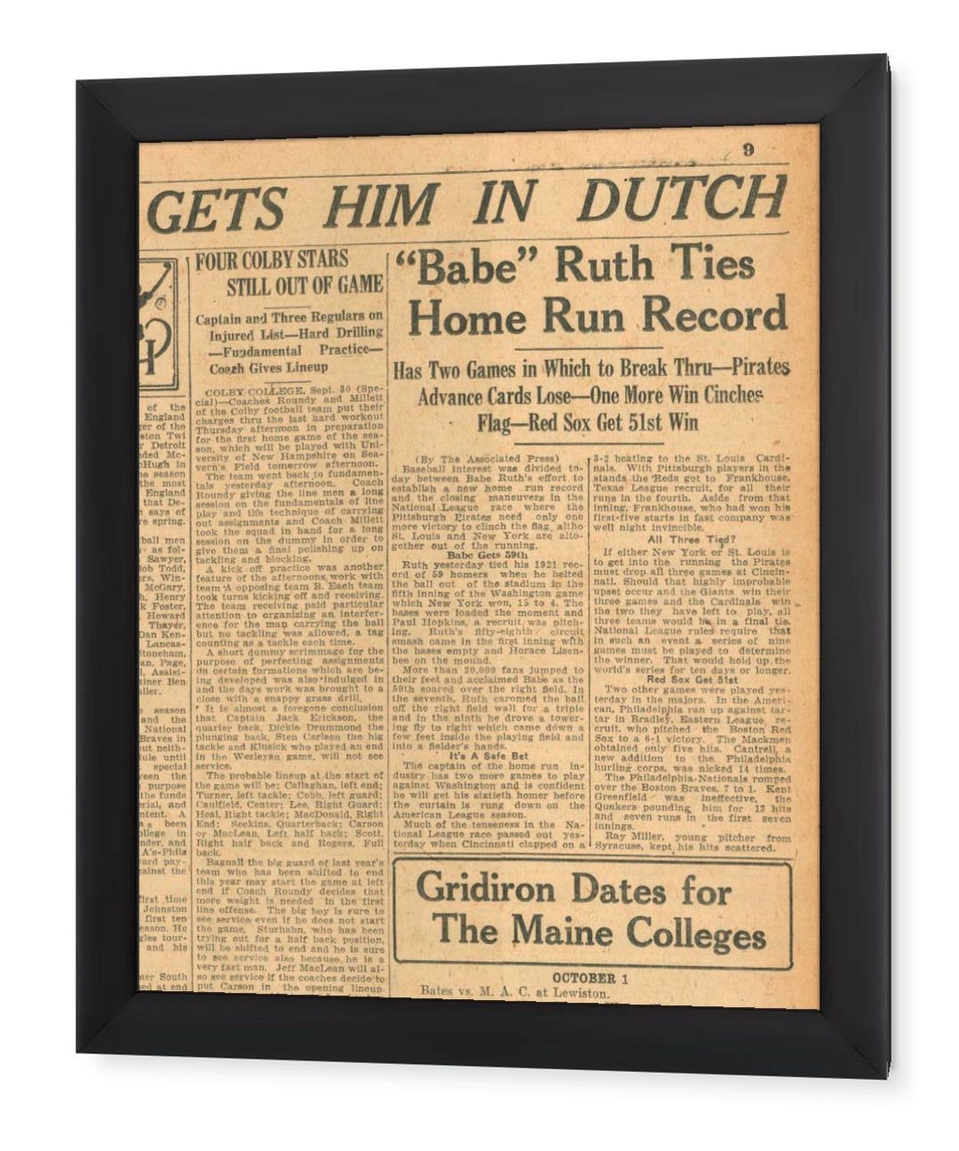 Babe Ruth Equals Home Run Record Original Newspaper Dated 30th ...