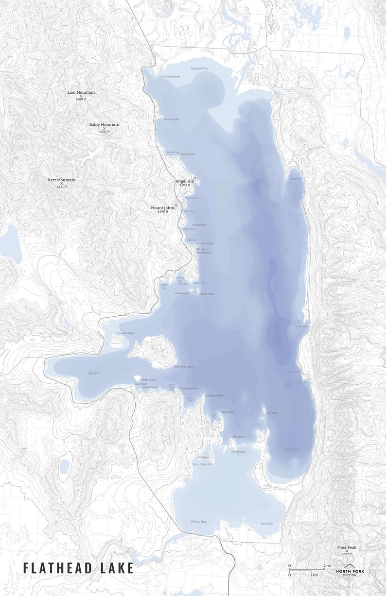 Flathead Lake Bathymetry Map - Flathead Lake, Flathead Lake Art ...