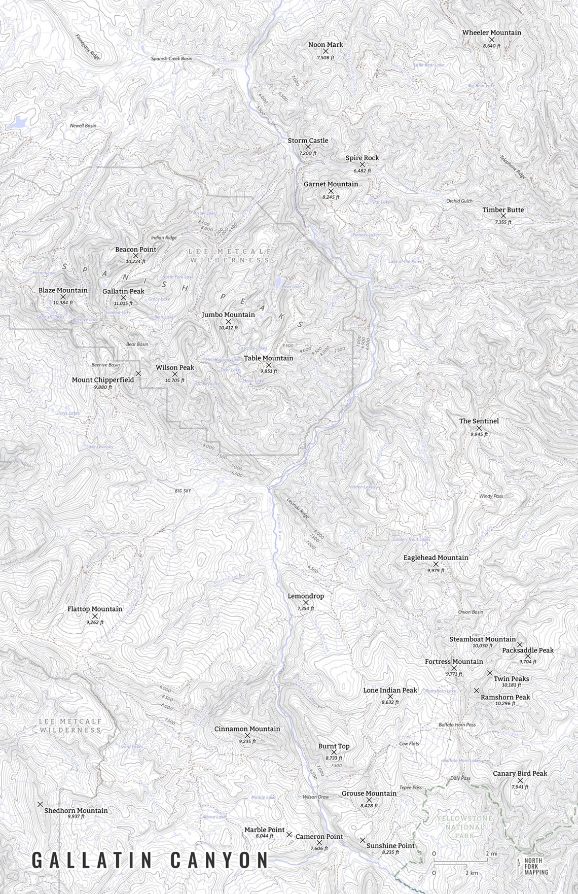 Gallatin Canyon Map - Gallatin Range, Big Sky, Lee Metcalf Wilderness ...
