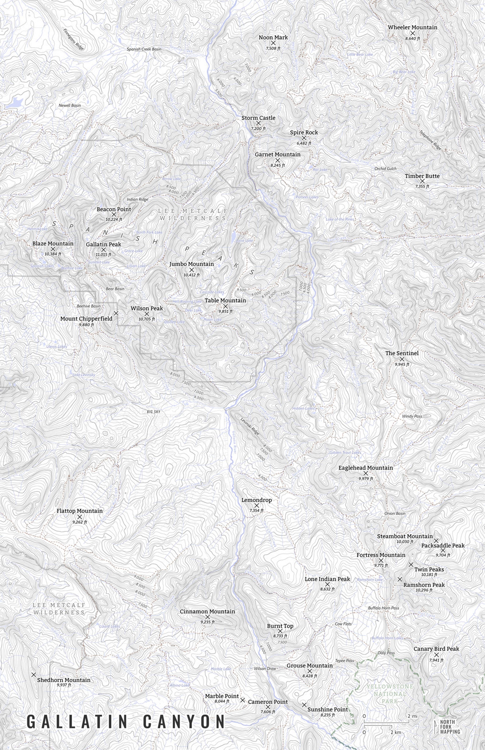 Gallatin Canyon Map - Gallatin Range, Big Sky, Lee Metcalf Wilderness ...