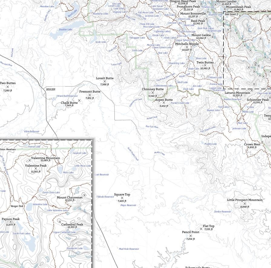 Wind River Range Map - Wyoming Mountains, Continental Divide, Cirque of ...
