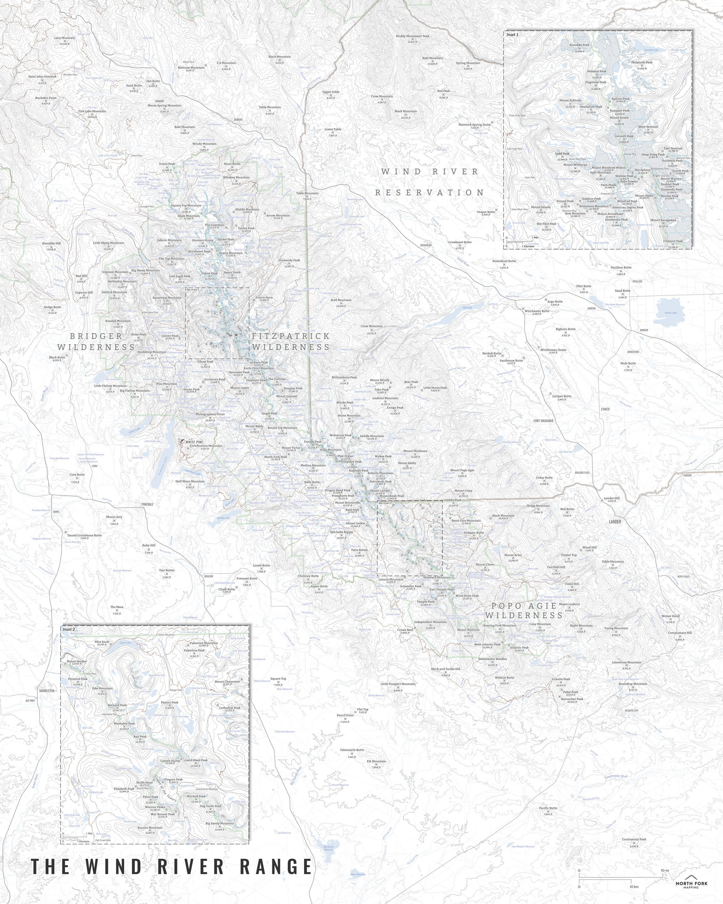 Wind River Range Map - Wyoming Mountains, Continental Divide, Cirque of the Towers, Gannett Peak ...