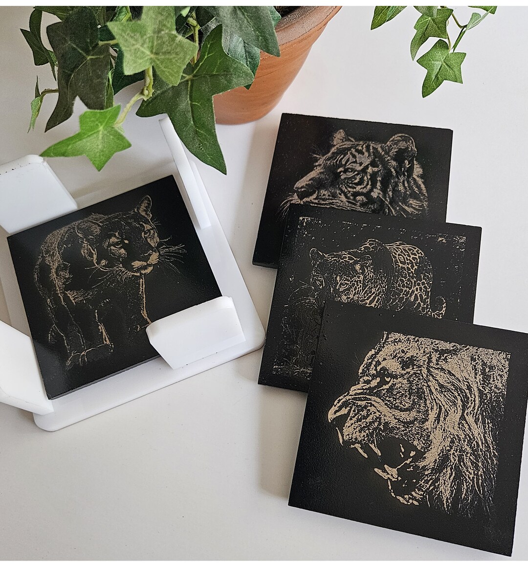 Natural Slate Square Coasters Big Cats Set of 4 - Tri-color Images Gold ...
