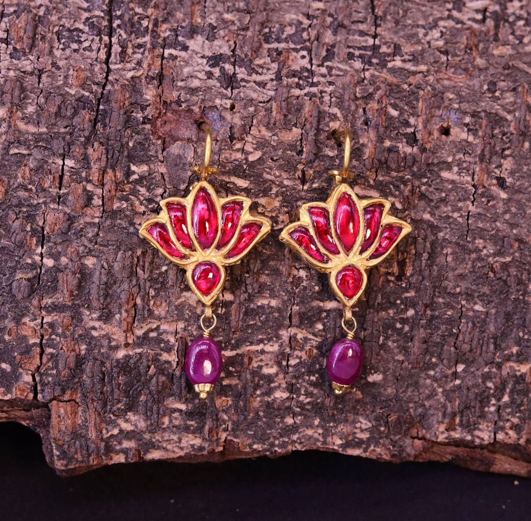 Lotus Design Ruby Earring 22K Gold Earrings Handmade Earrings - Etsy