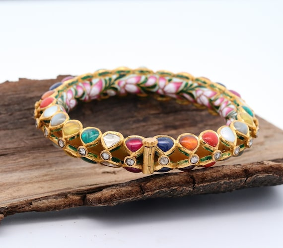 Mughal Style Navratna Bangle Handmade Traditional Bangle 22k Gold Multi Color Stone Bangle Openable Bangle Antique Style Antique Lock Bangle Etsy