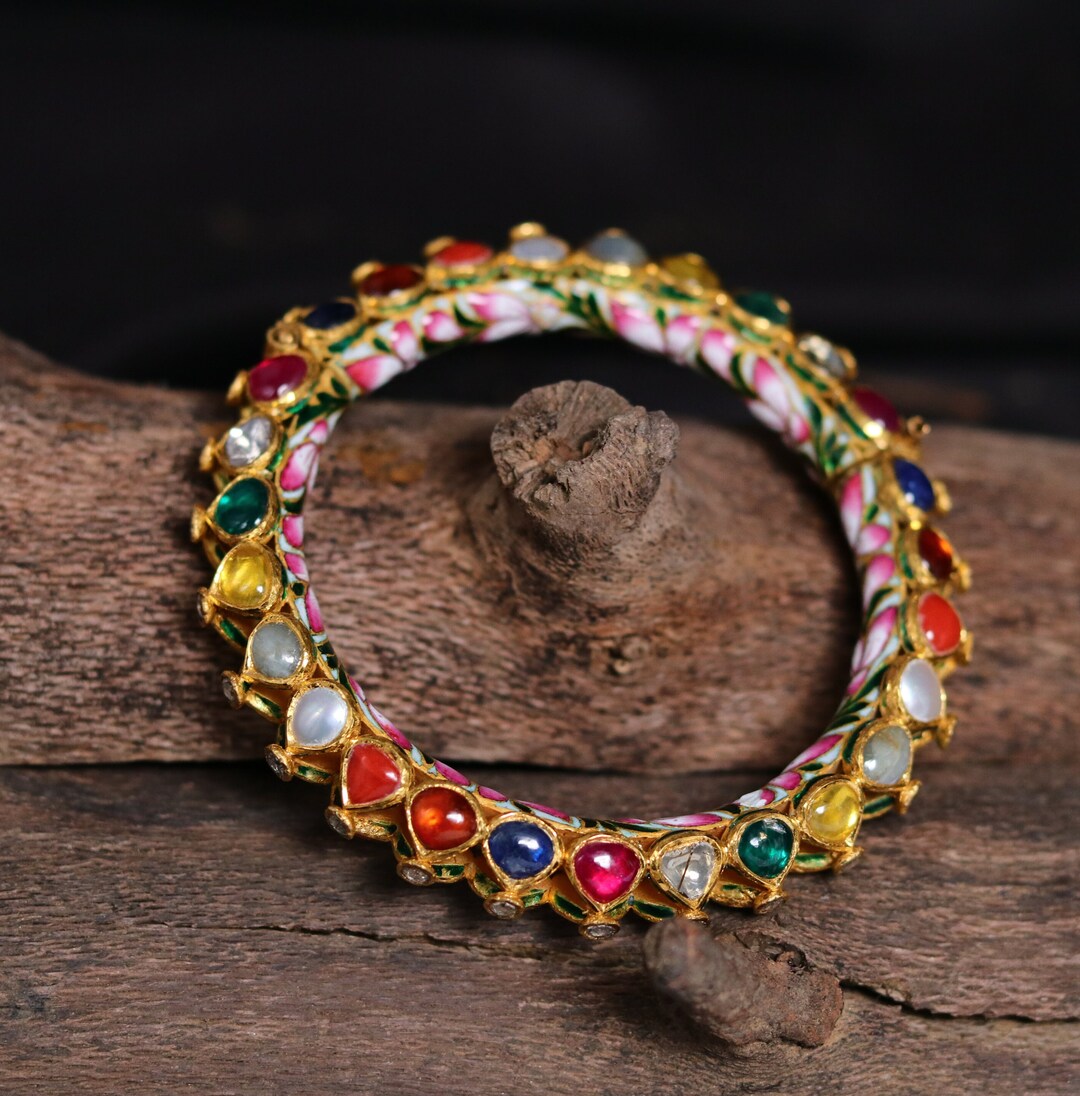 Mughal Style Navratna Bangle Handmade Traditional Bangle 22k Gold Multi ...