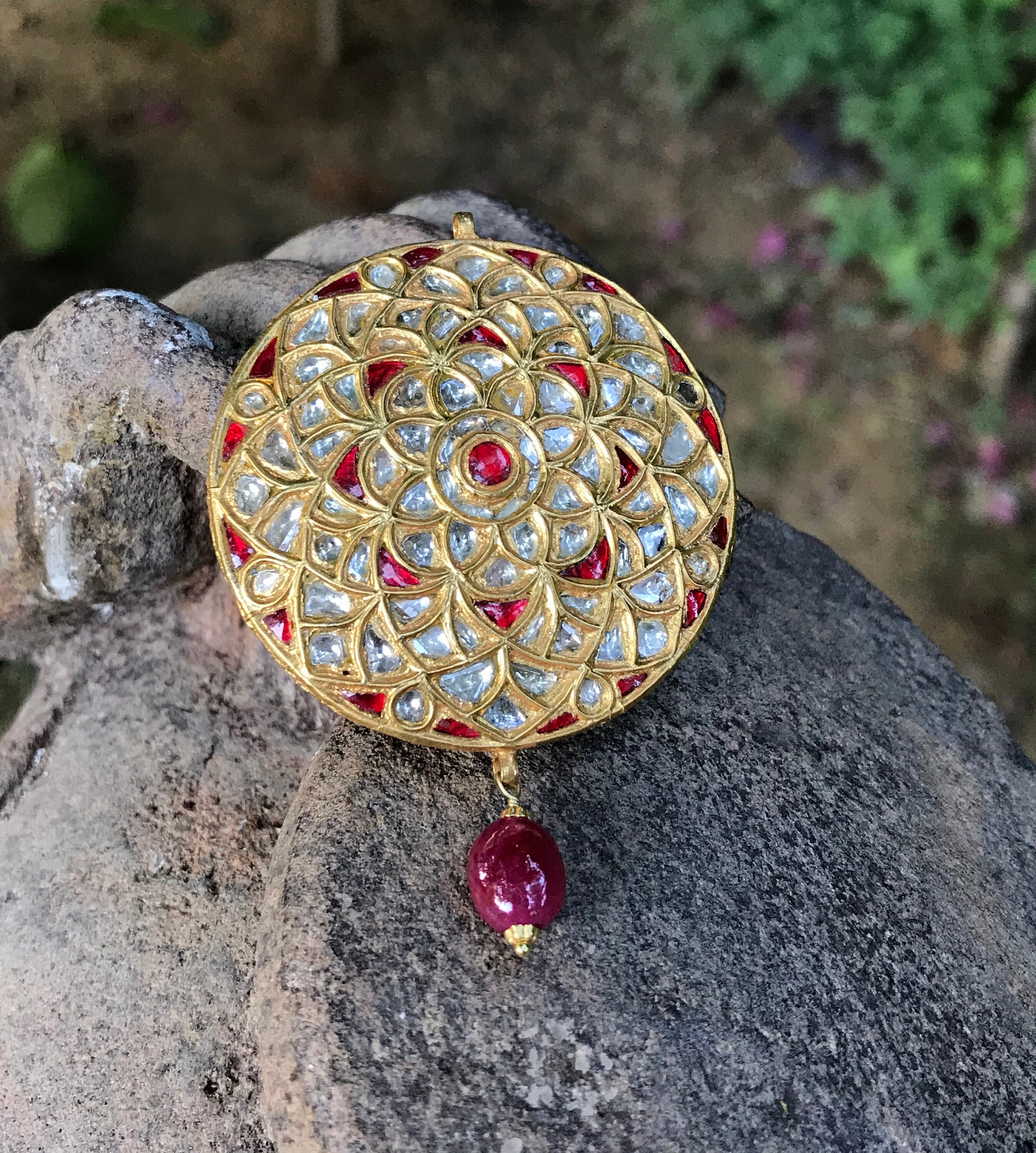 22k Gold Mughal Style Ruby Diamond Pendant Antique Style | Etsy