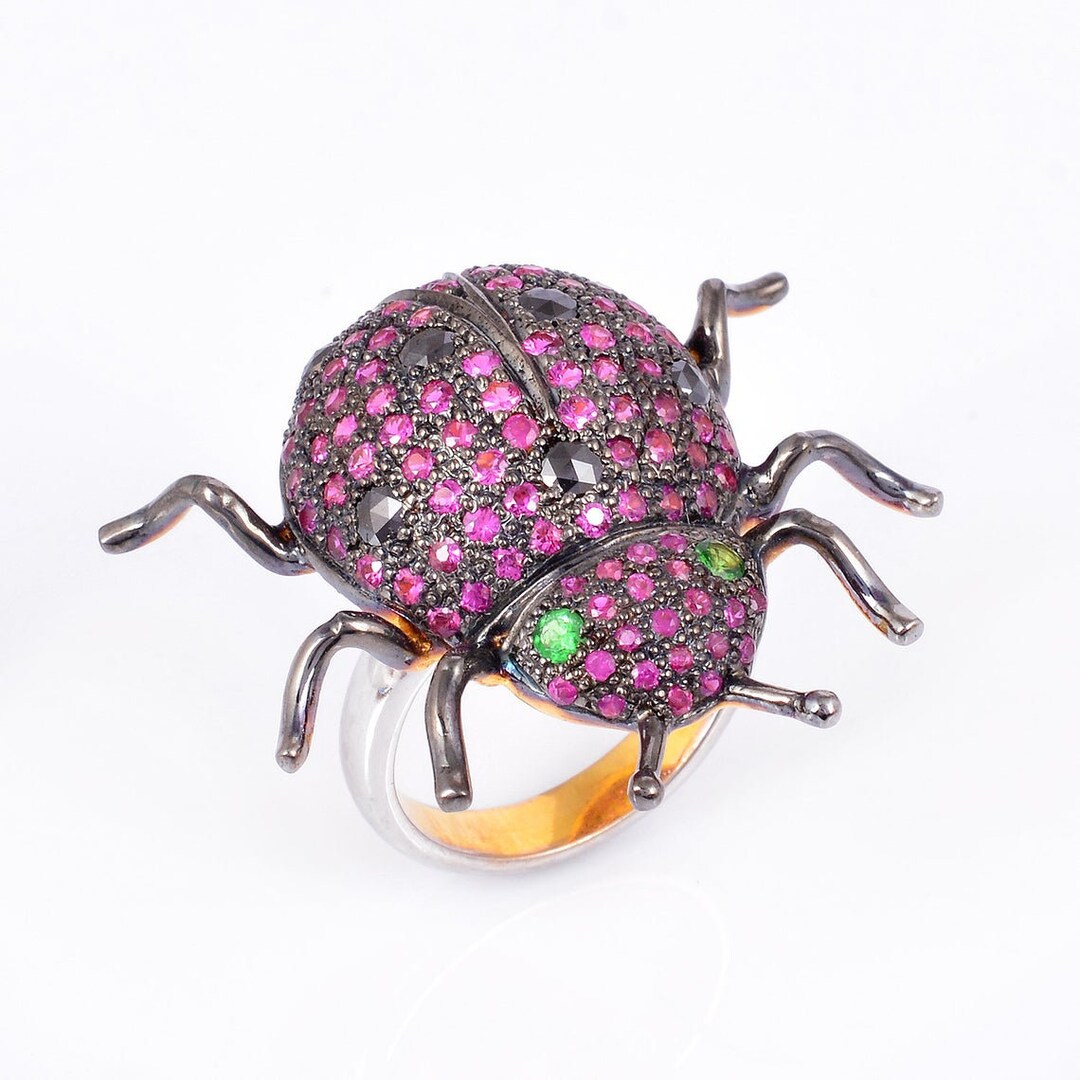 Ruby Insect Ring, Tsavorite, Black Diamond, 925 Sterling Silver - Etsy