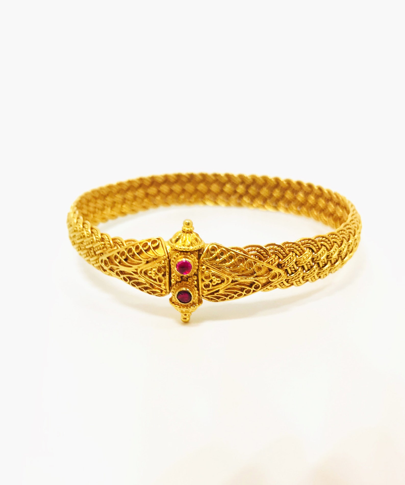 18k Gold Textured Bangle with Ruby Gemstone in 18k Yellow Gold | Etsy