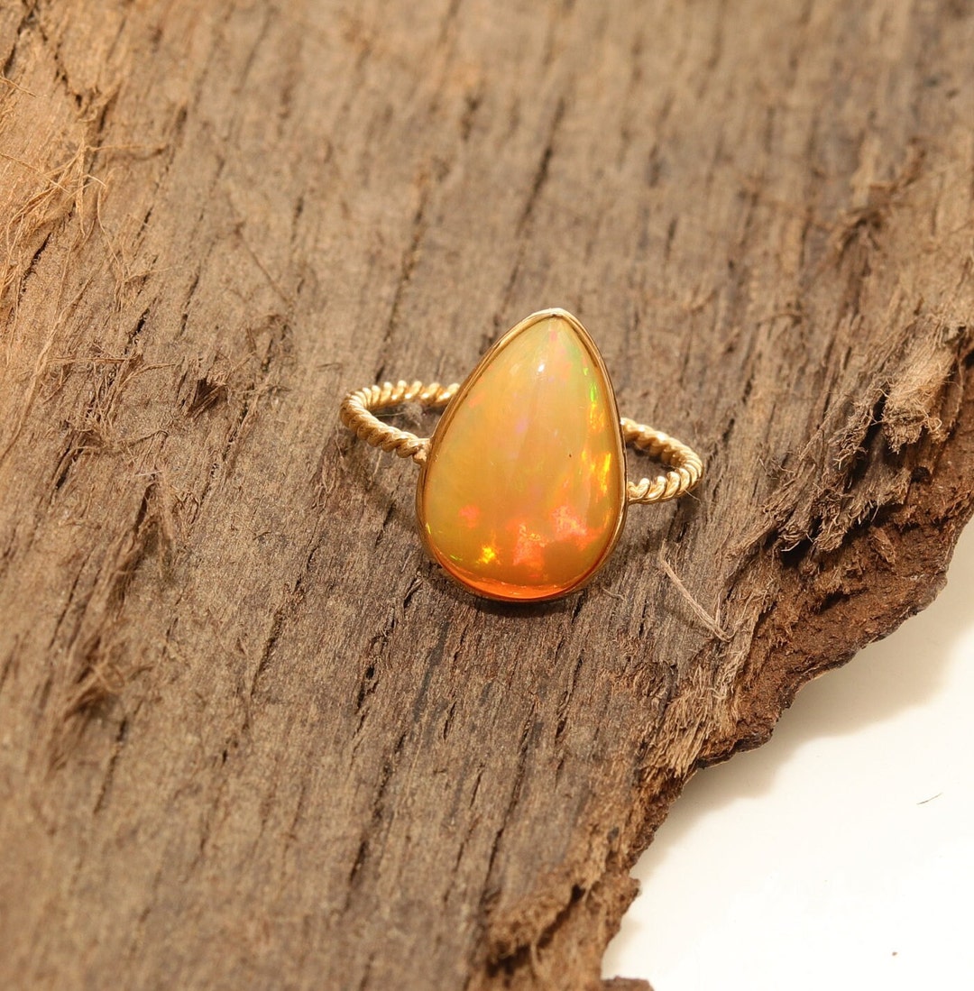 18K Gold Natural Opal Minimalist Ring, Teardrop Opal Ring, Ethiopian ...