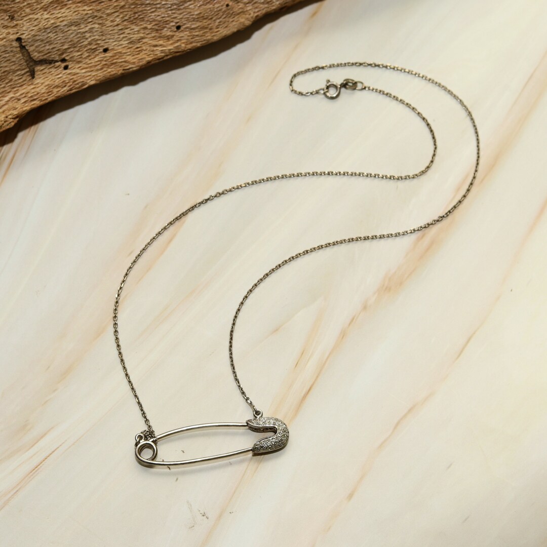 Safety Pin Design Pendant Necklace, 925 Sterling Silver Chain, Pave ...